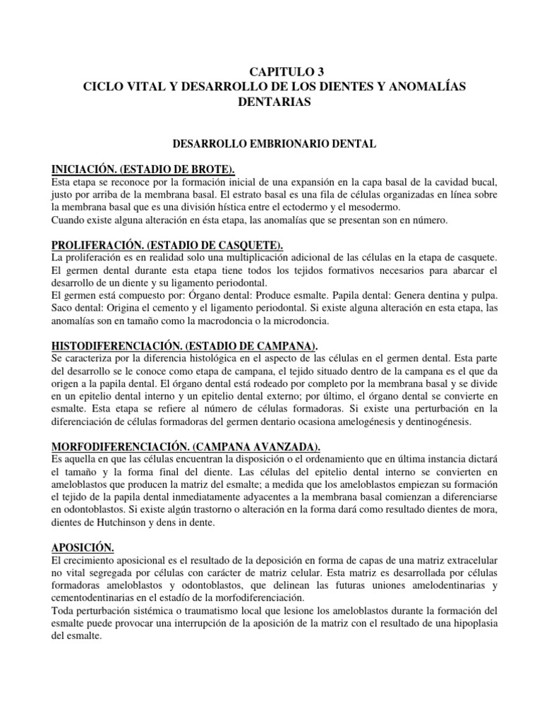 Capitulo 3 Ciclo Vital de Los Dientes y Anomalias Dentarias | PDF ...