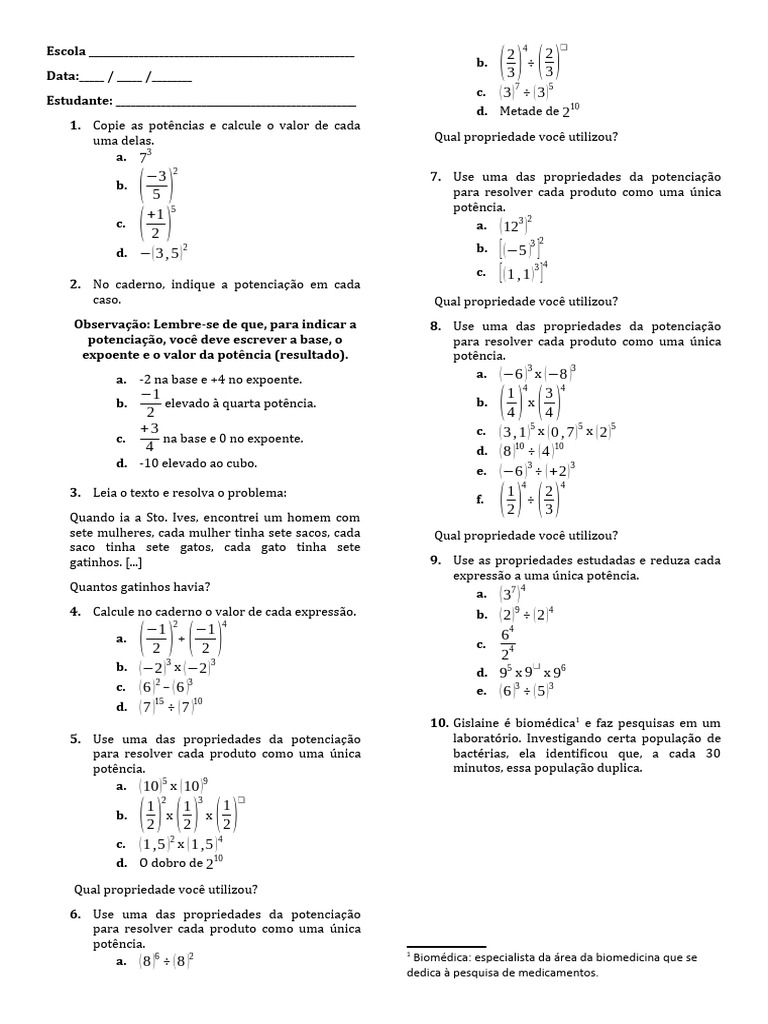 Exercícios de Potenciação para 7º Ano | PDF | Exponenciação