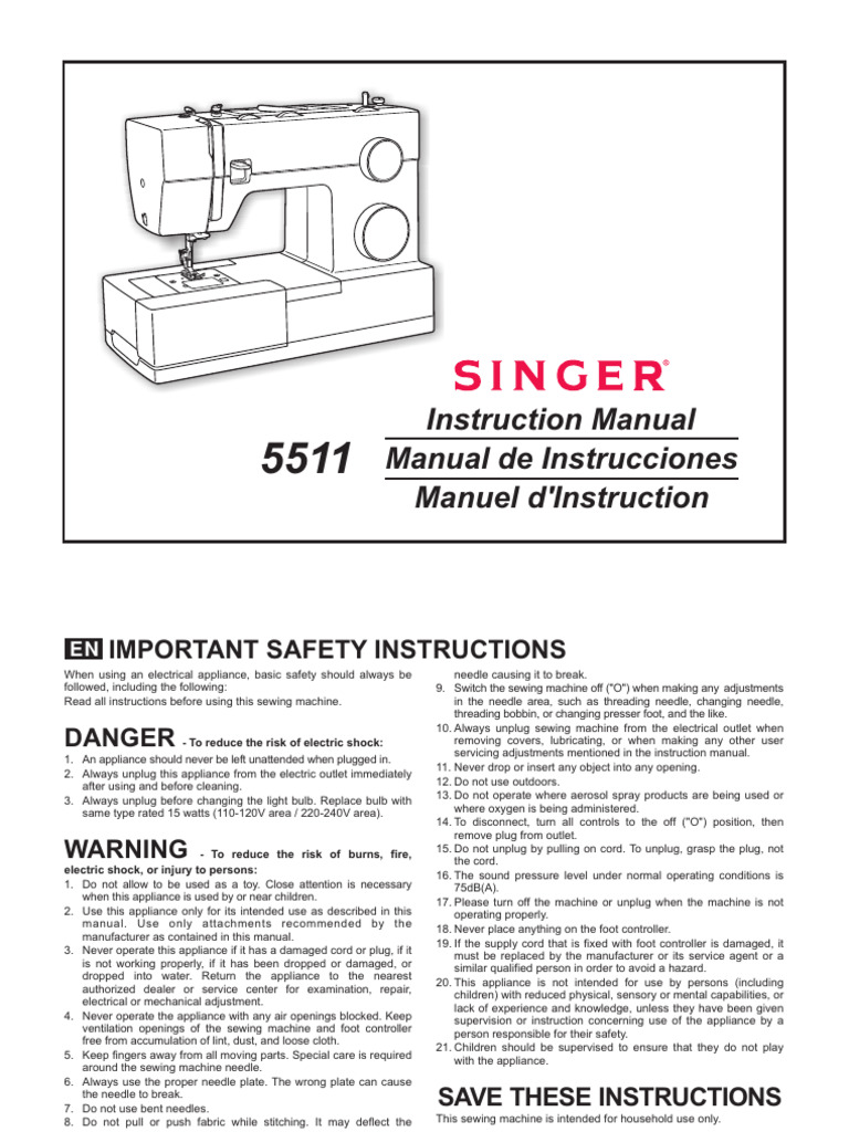 Singer 5511 Sewing Machine Instruction Manual | PDF | Ac Power Plugs ...