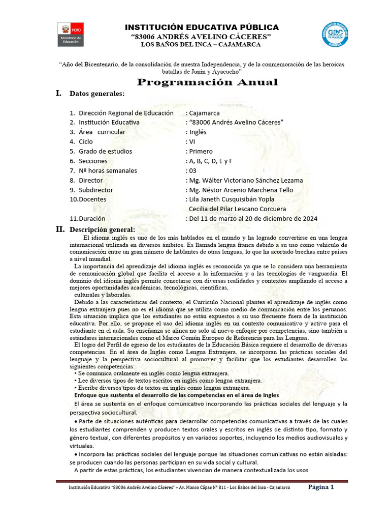 Programación Anual - 1RO | PDF | Segundo lenguaje | Enseñando