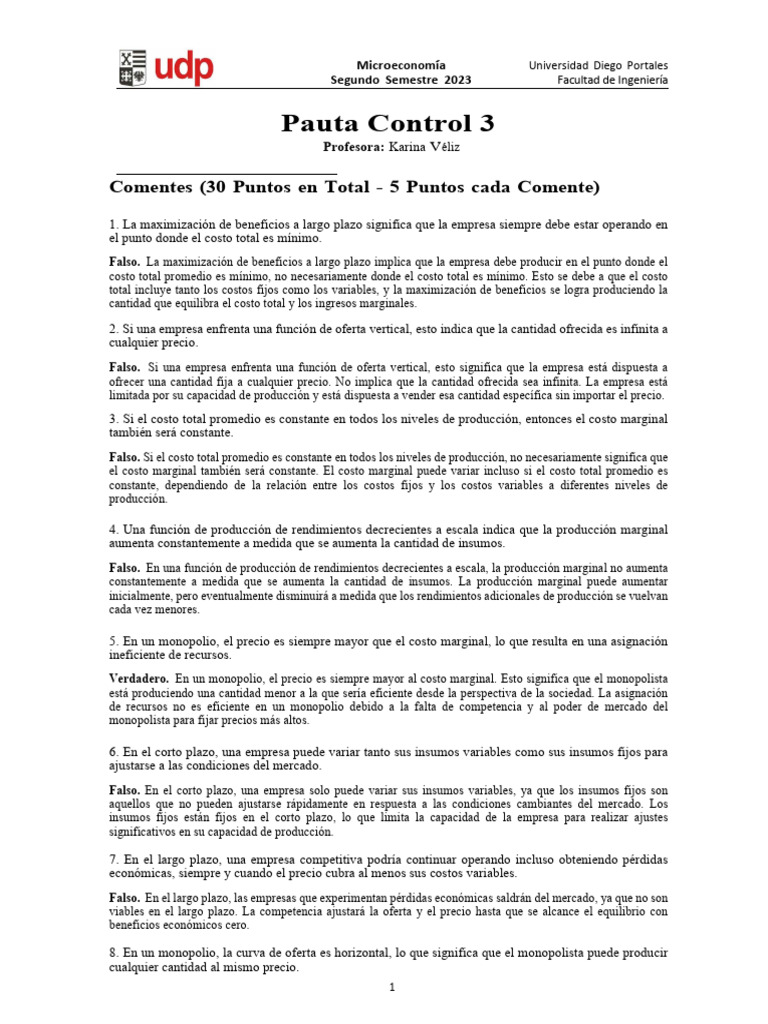 Control 3 pauta_2023 | PDF | Monopolio | Costo marginal