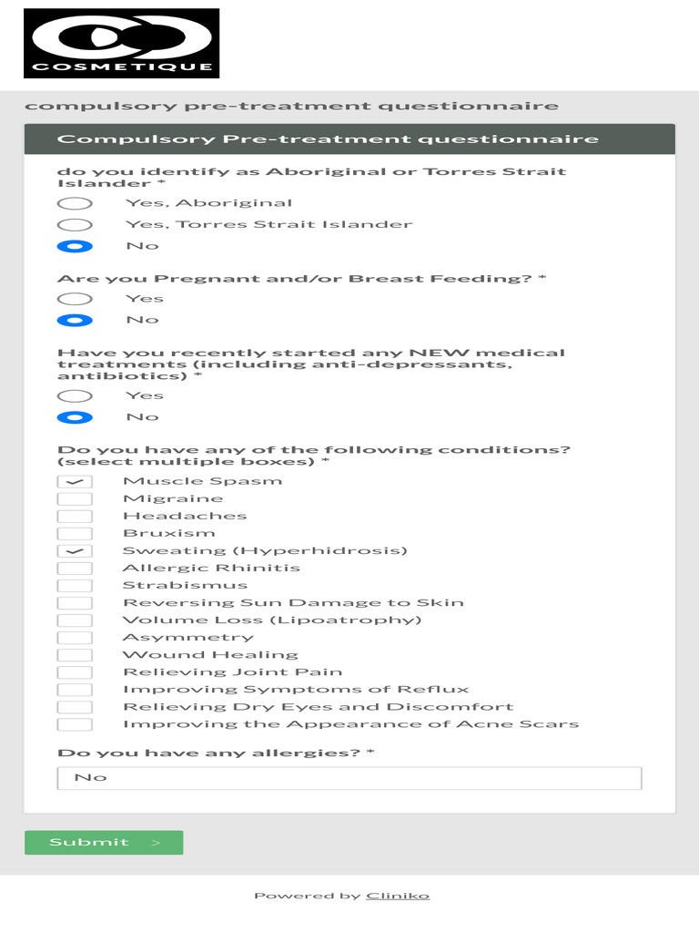 COSMETIQUE COSMETIC CLINICS - Compulsory Pre-Treatment Questionnaire | PDF