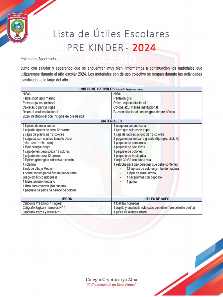 Útiles Escolares Pre Kinder 2024 | PDF | Lápiz | Grafito