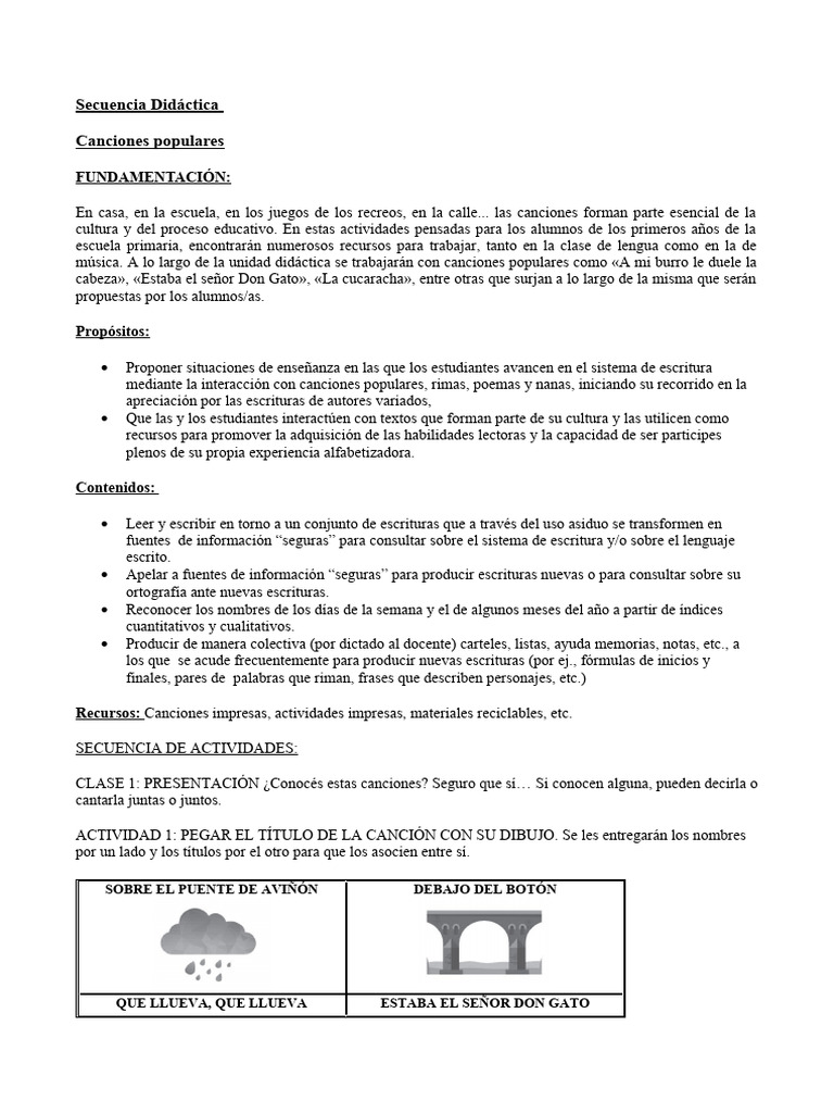 Secuencia Didáctica Canciones Populares - 2DO - 2024 | PDF | Canciones ...