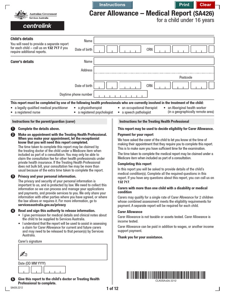 Carer Allowance Medical Report (SA426) | PDF | Diagnostic And ...