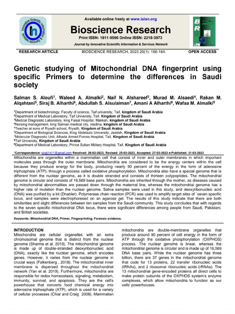 Genetic Studying of Mitochondrial DNA Fingerprint Using Specific ...