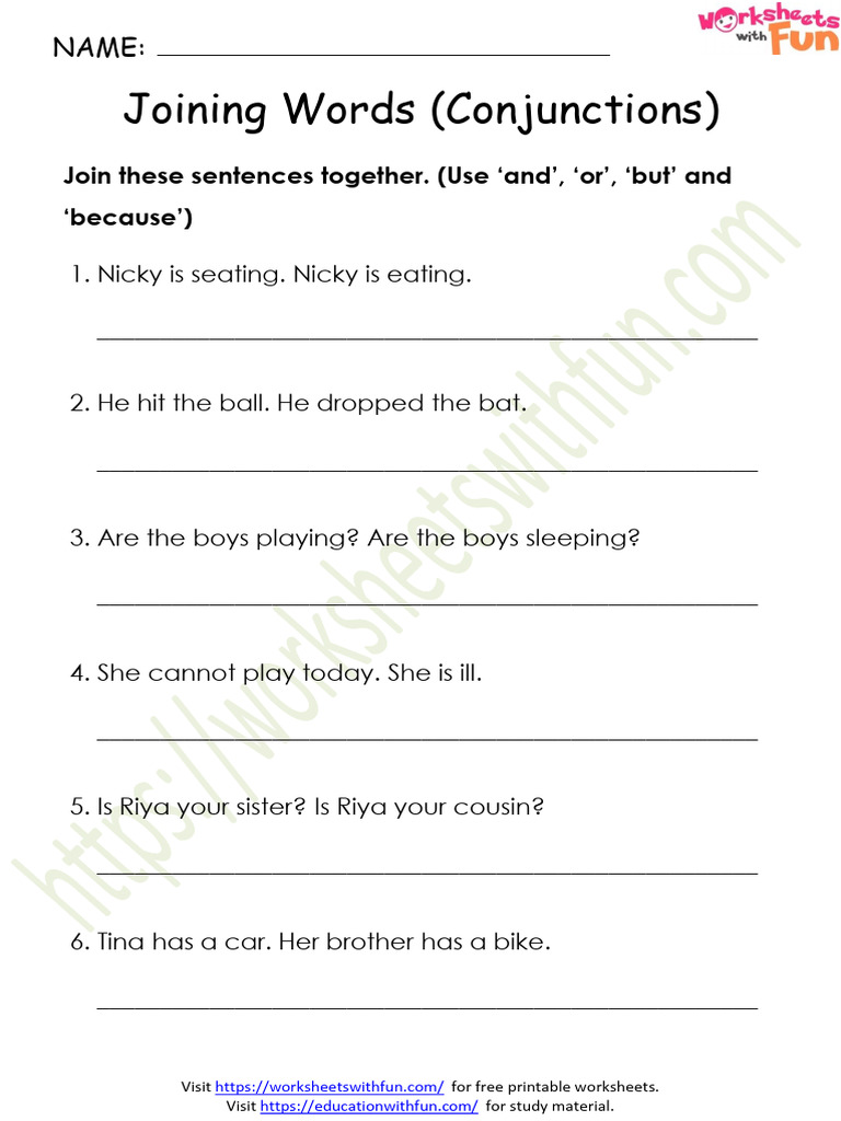 Joining Words (Conjunctions) Worksheet 2 | PDF