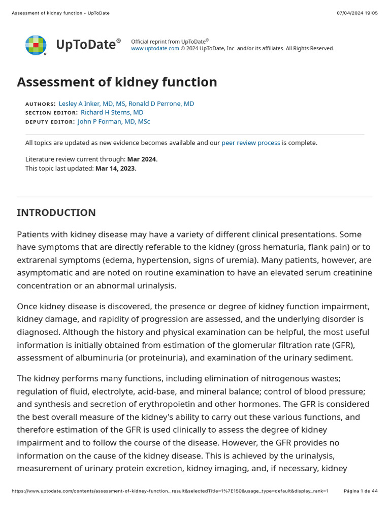 Assessment of Kidney Function - UpToDate | PDF | Creatinine | Kidney