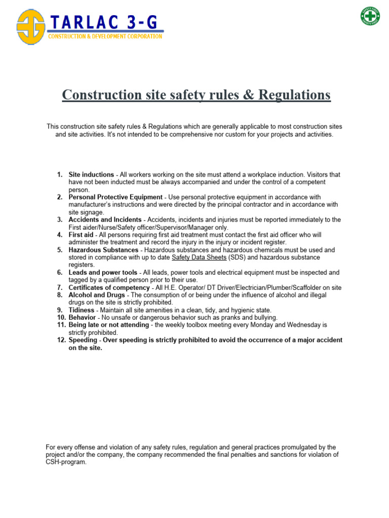 Construction Site Safety Rules and Regulation | Download Free PDF ...