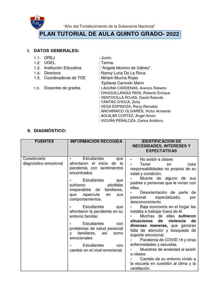 Plan Tutorial de Aula - Quinto Grado | PDF | Evaluación | Salón de clases