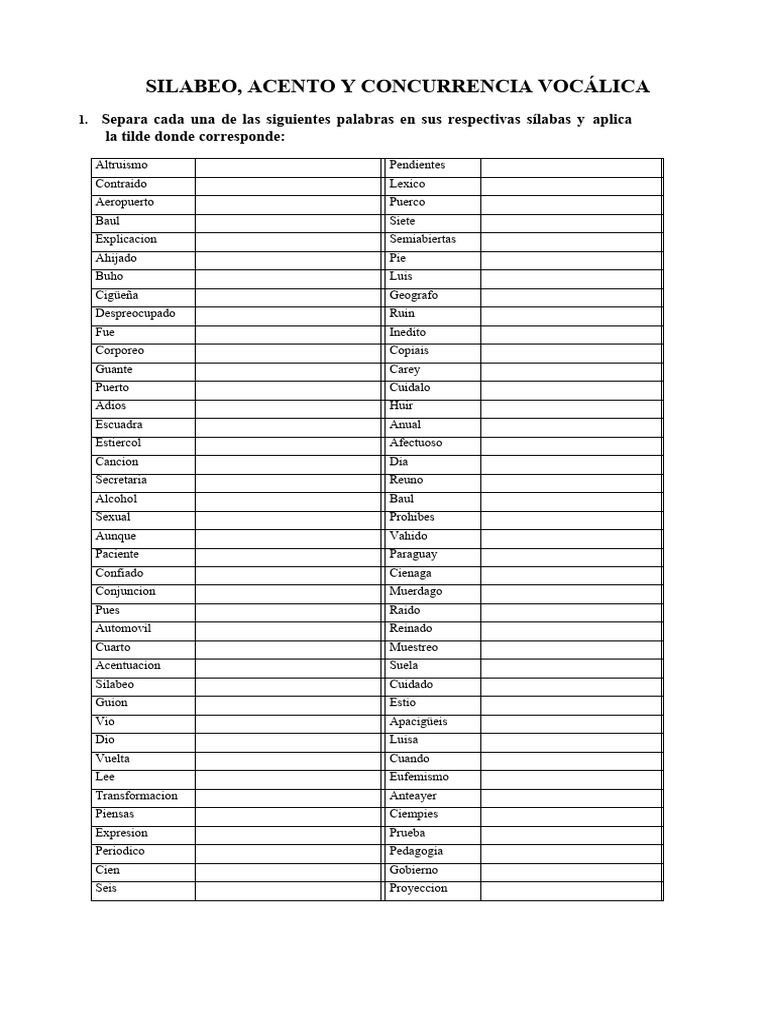 Practica Silabeo, Acento y Concurrencia. | PDF | Estrés (lingüística ...