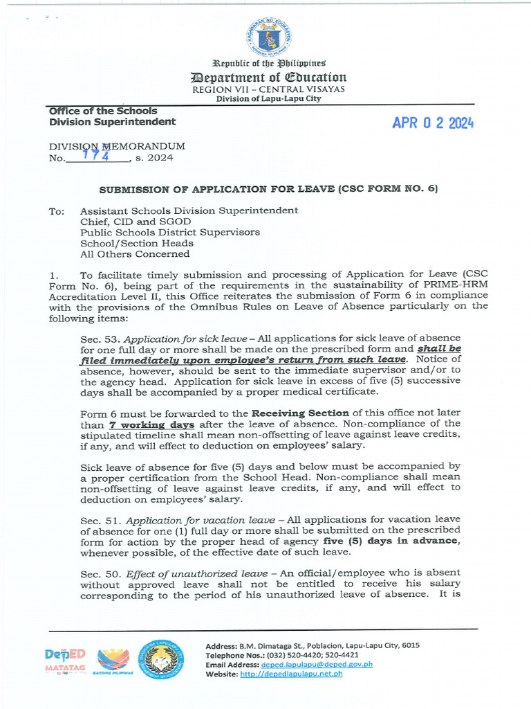 DM No. 174 S. 2024 Submission of Application For Leave CSC Form No. 6 | PDF