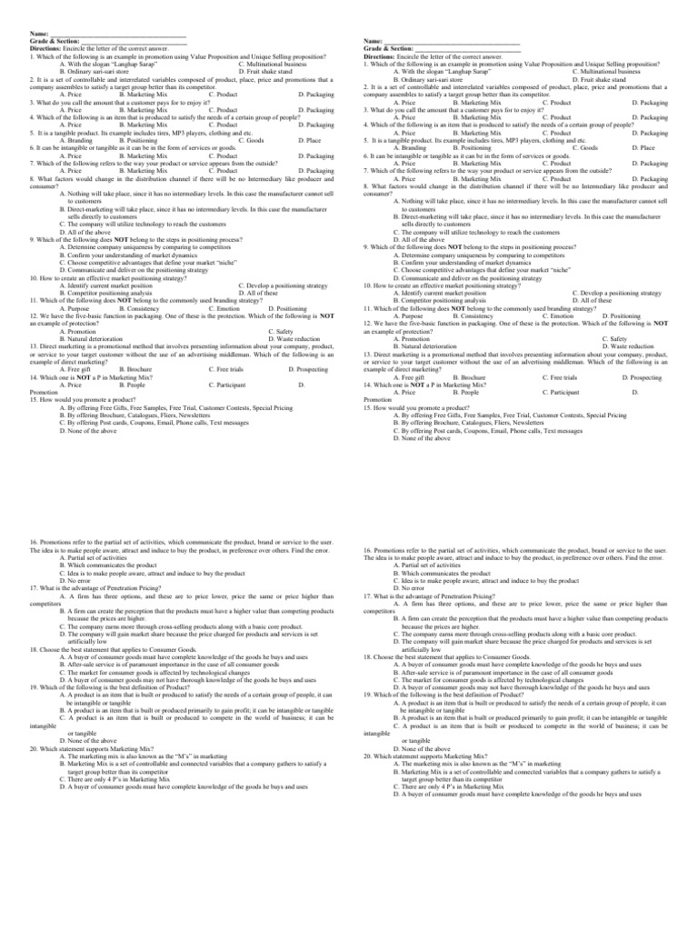 Entrep - Summative SHS | PDF | Marketing | Product (Business)