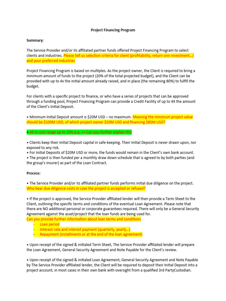 Project Financing Program - VN Questionnaires | PDF | Loans | Debt