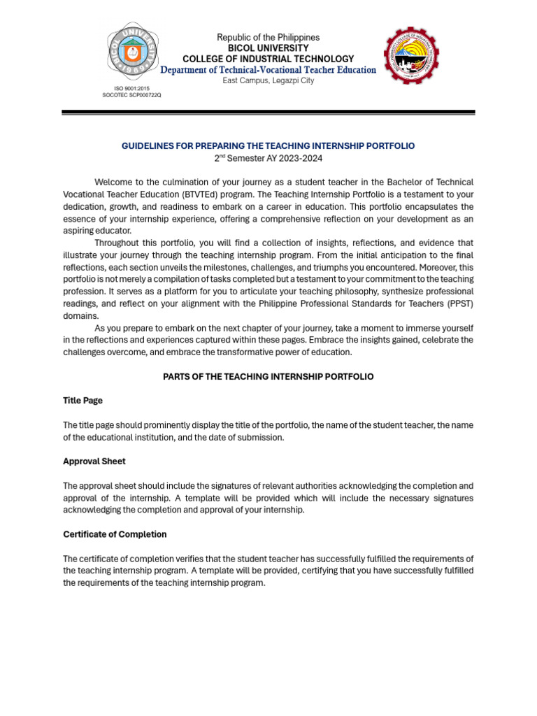 Teaching Internship Portfolio Guidelines | PDF | Teachers | Teacher ...