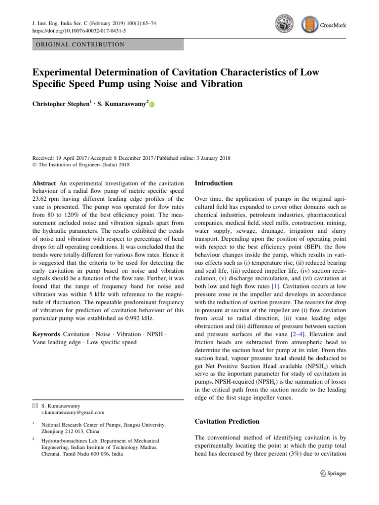 Experimental Determination of Cavitation Characteristics of Low Specific Speed Pump Using Noise ...