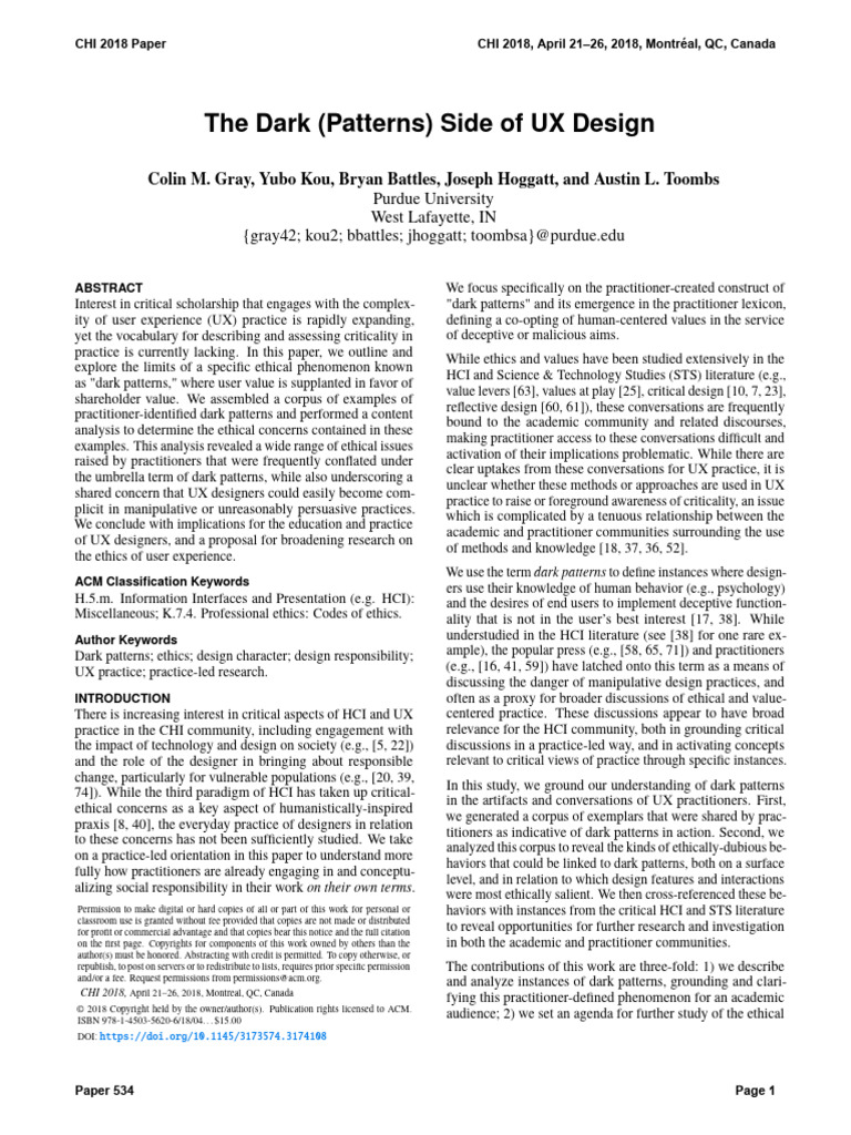The Dark (Patterns) Side of UX Design | PDF | Human–Computer ...