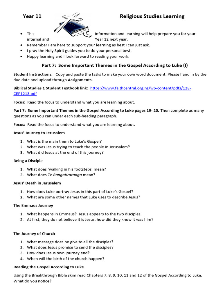 Some Important Themes in Luke's Gospel Student Tasks | PDF