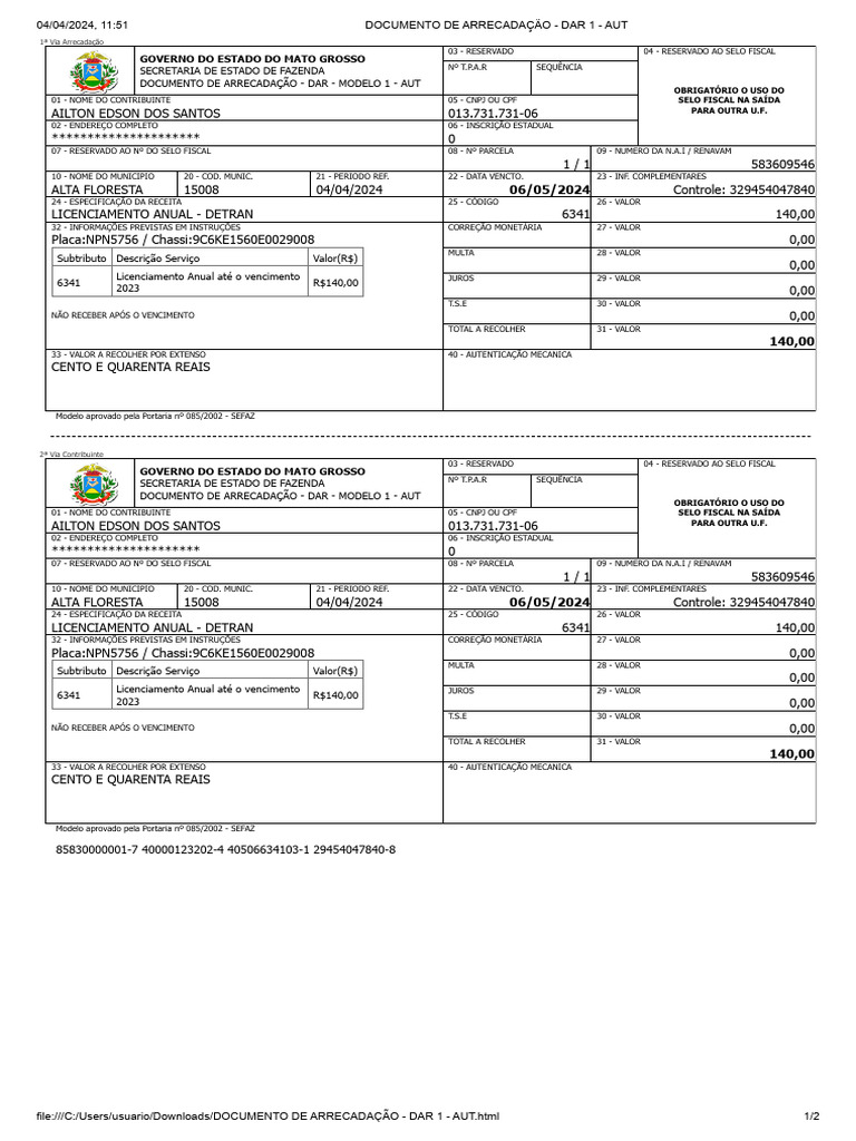 Documento de Arrecadação - Dar 1 - Aut | PDF