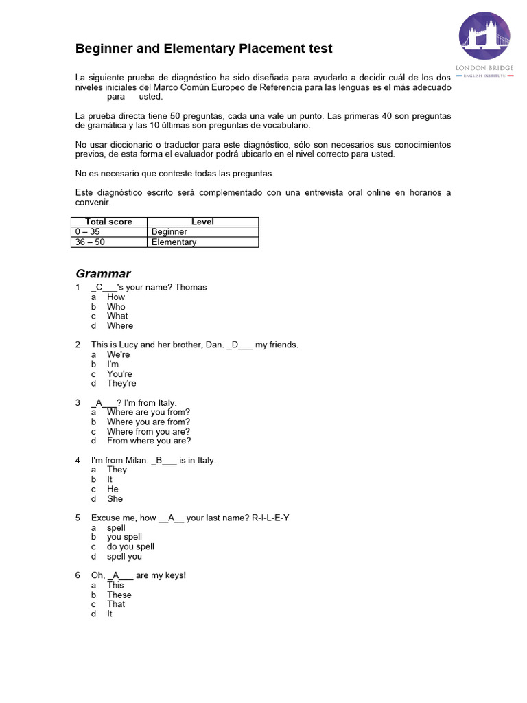 Beginner_Elementary_Placement_Test_LondonBridge | PDF