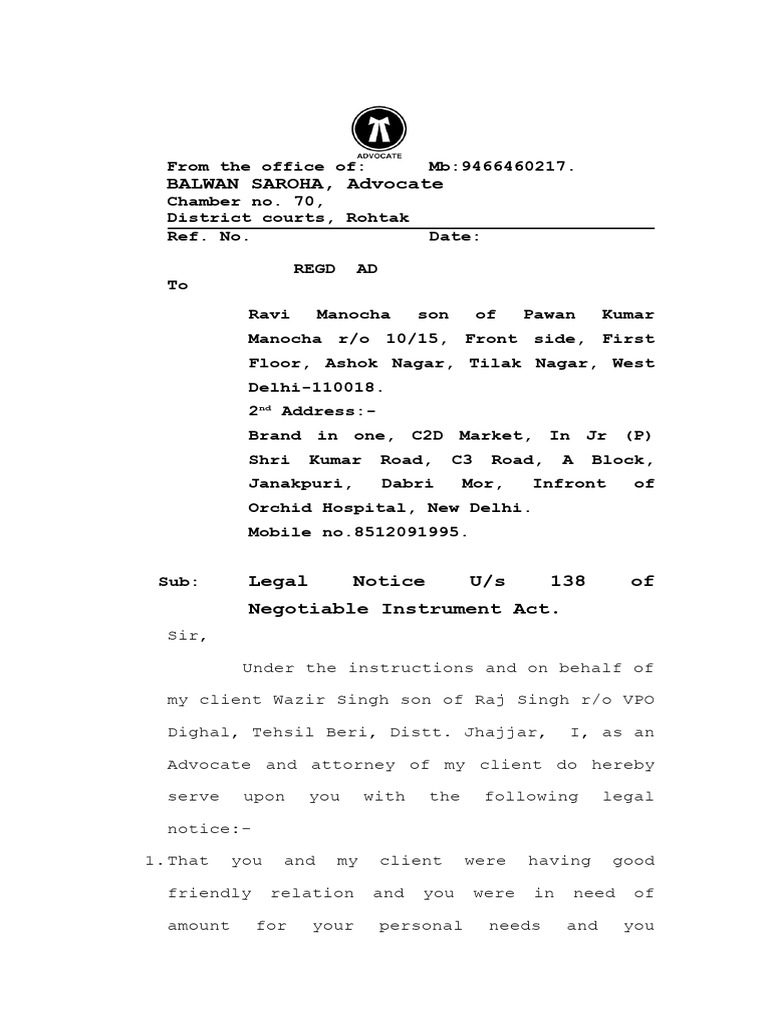 Legal Notice for Cheque Bounce | PDF | Cheque | Banks