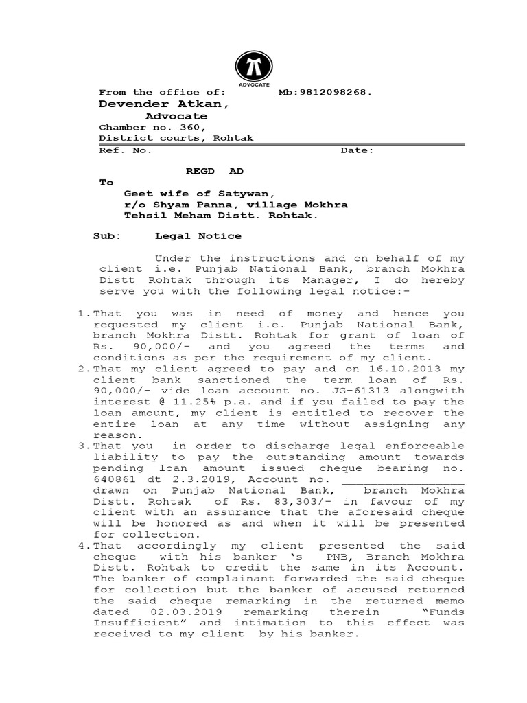 Devender Atkan Adv Notice Punjab Naional Bank 03042019 | PDF | Banks | Cheque
