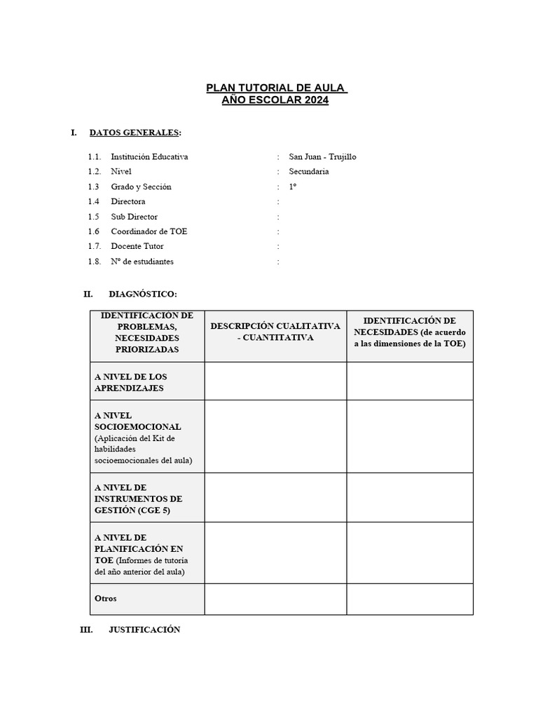 Sin PLAN TUTORIAL DE AULA 2024 | PDF | Salón de clases | Aprendizaje