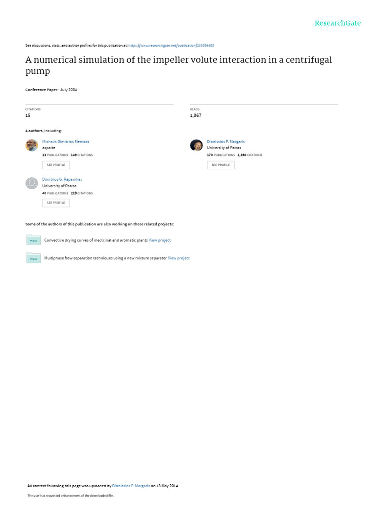 2004 A Numerical Simulation Of The Impeller Volute Interaction In Pdf Turbulence Fluid