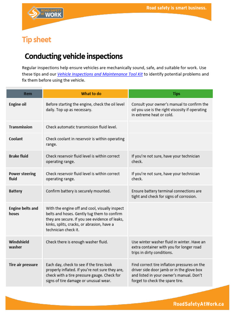 RSAW Conducting Vehicle Inspections Tip Sheet | PDF | Vehicle ...