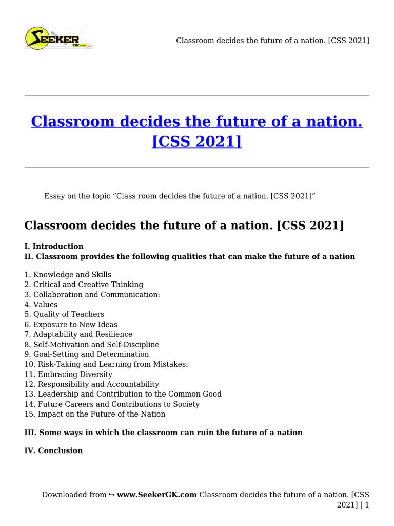 Classroom Decides The Future of A Nation. (CSS 2021) | PDF | Critical Thinking | Learning
