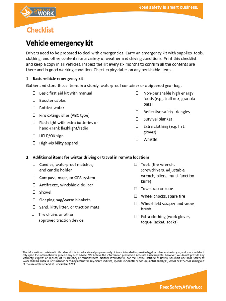 SIW Vehicle Emergency Kit Checklist | Download Free PDF | Vehicles