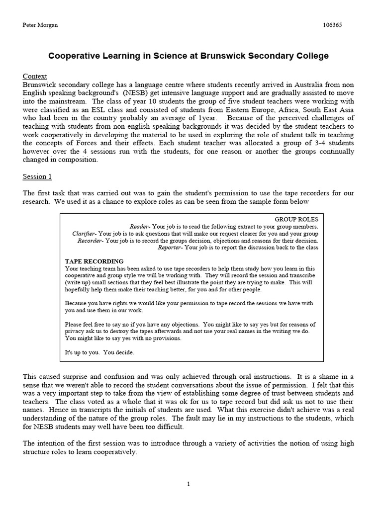Cooperative Learning in Science at Brunswick Secondary College | PDF ...