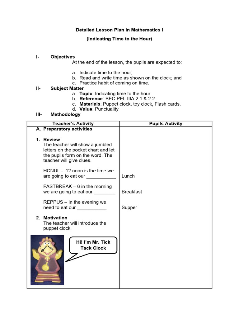 Grade 1 Math Lesson: Telling Time | PDF | Clock | Hour