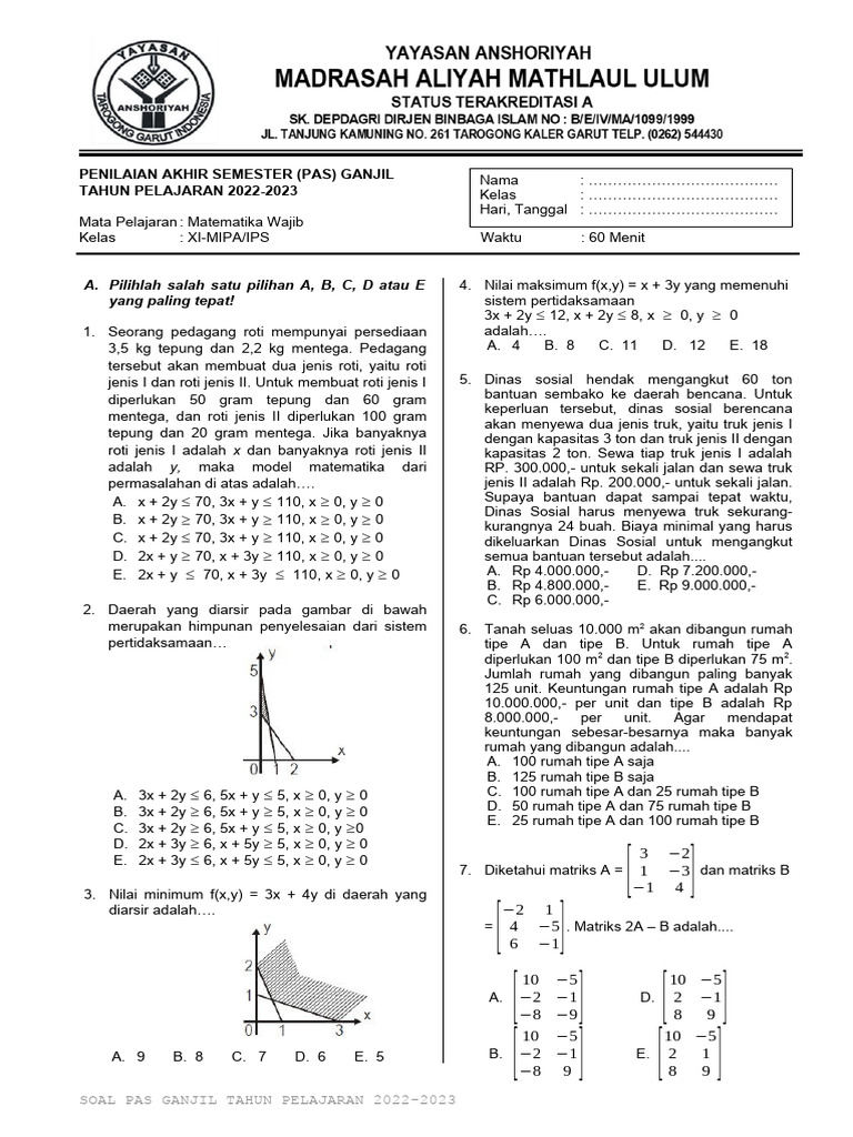 Soal PAS Ganjil 2022 MTK Wajib Kls XI | PDF