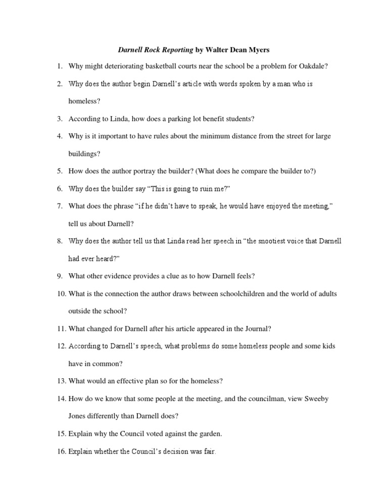 Darnell Rock Reporting by Walter Dean Myers | PDF | Career & Growth ...