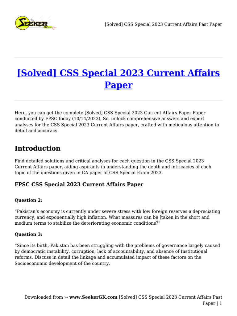 (Solved) CSS Special 2023 Current Affairs Past Paper | PDF | Gender ...