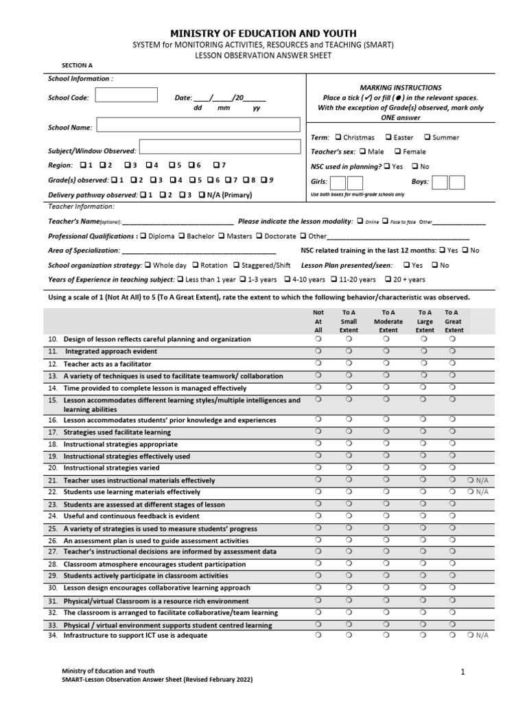 SMART-NSC Lesson Observation Form - Answer Sheet - (2022) | Download ...
