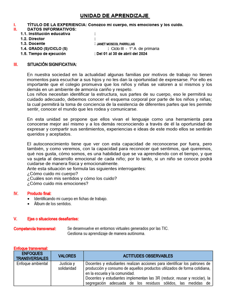 Experiencia de Aprendizaje #1 Abril 2024 1º A | PDF | Ritmo | Aprendizaje