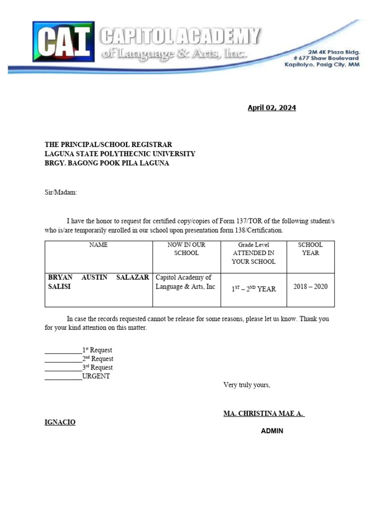 Form 137 Request Letter | PDF