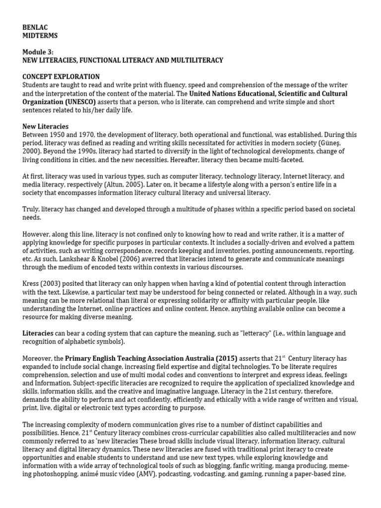 Benlac Module 3 and 4 Reviewer Midterm | PDF | Literacy | Curriculum
