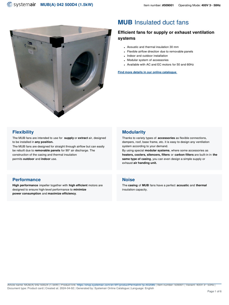 Systemair MUB (A) 042 500D4 (1.5kW) | PDF | Duct (Flow) | Electrical Engineering