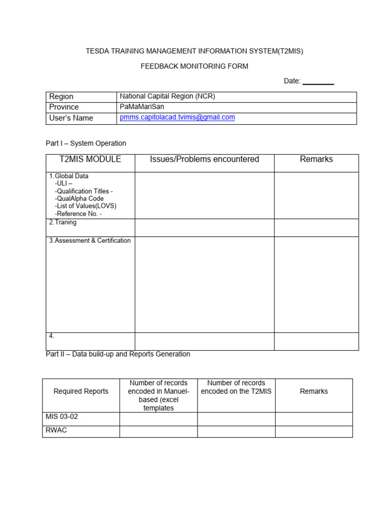 TESDA T2MIS Feedback Monitoring Form | PDF