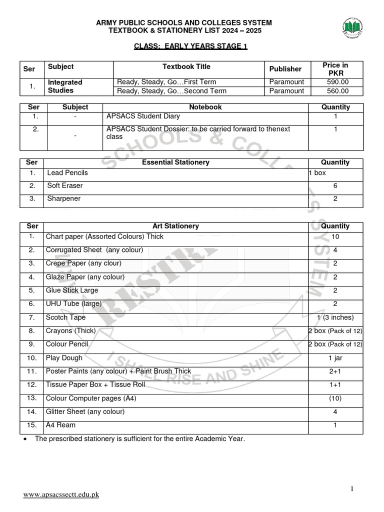 Stationery List EYS 1 Session 2024-25-2 | PDF | Printing Materials | Paper