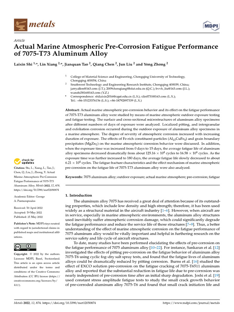 Actual Marine Atmospheric Pre-Corrosion Fatigue Performance of 7075-T73 ...