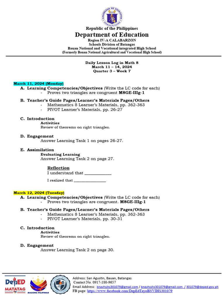 Math 8 - Q3 Week 7. March 11-14 2024 | PDF | Triangle | Triangle Geometry