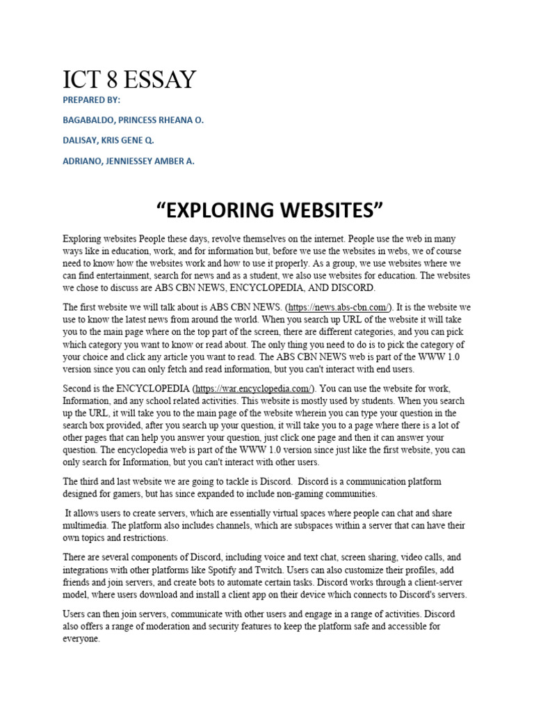 Ict 8 Essay | PDF | World Wide Web | Internet & Web