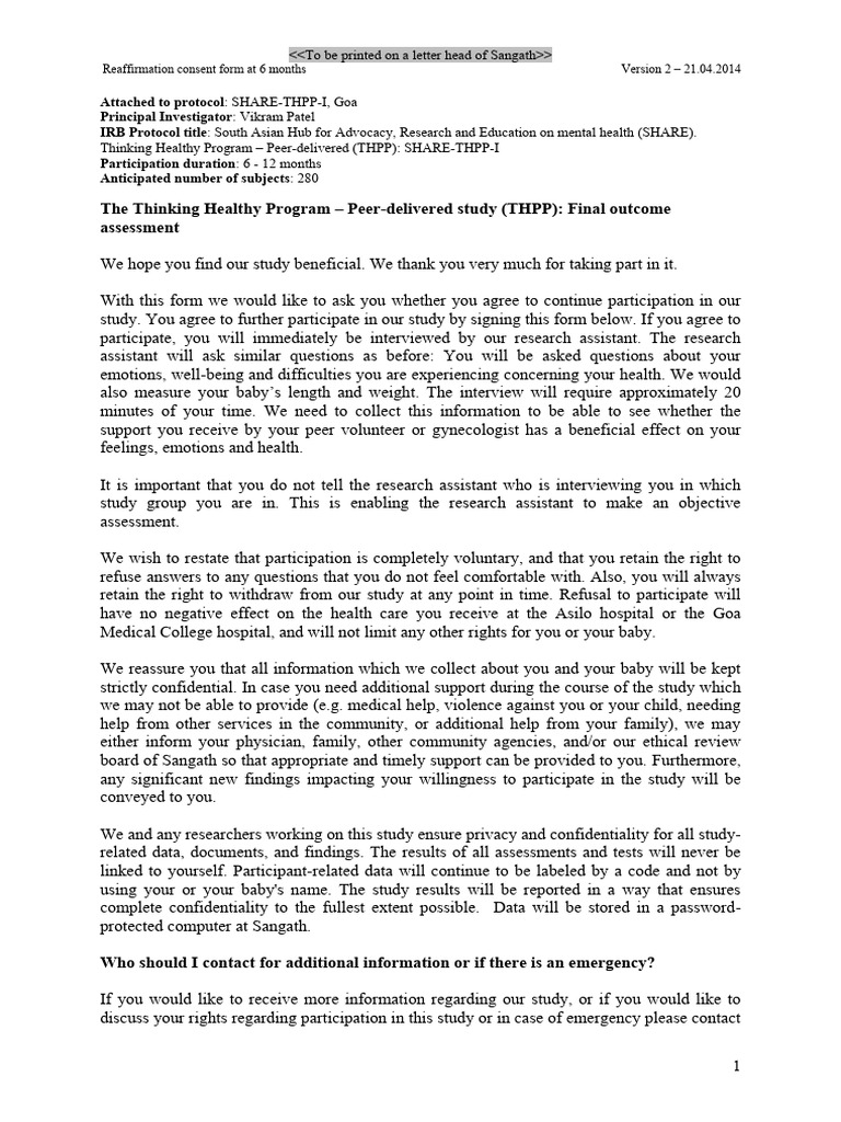 The Thinking Healthy Program - Peer-Delivered Study (THPP) : Final ...