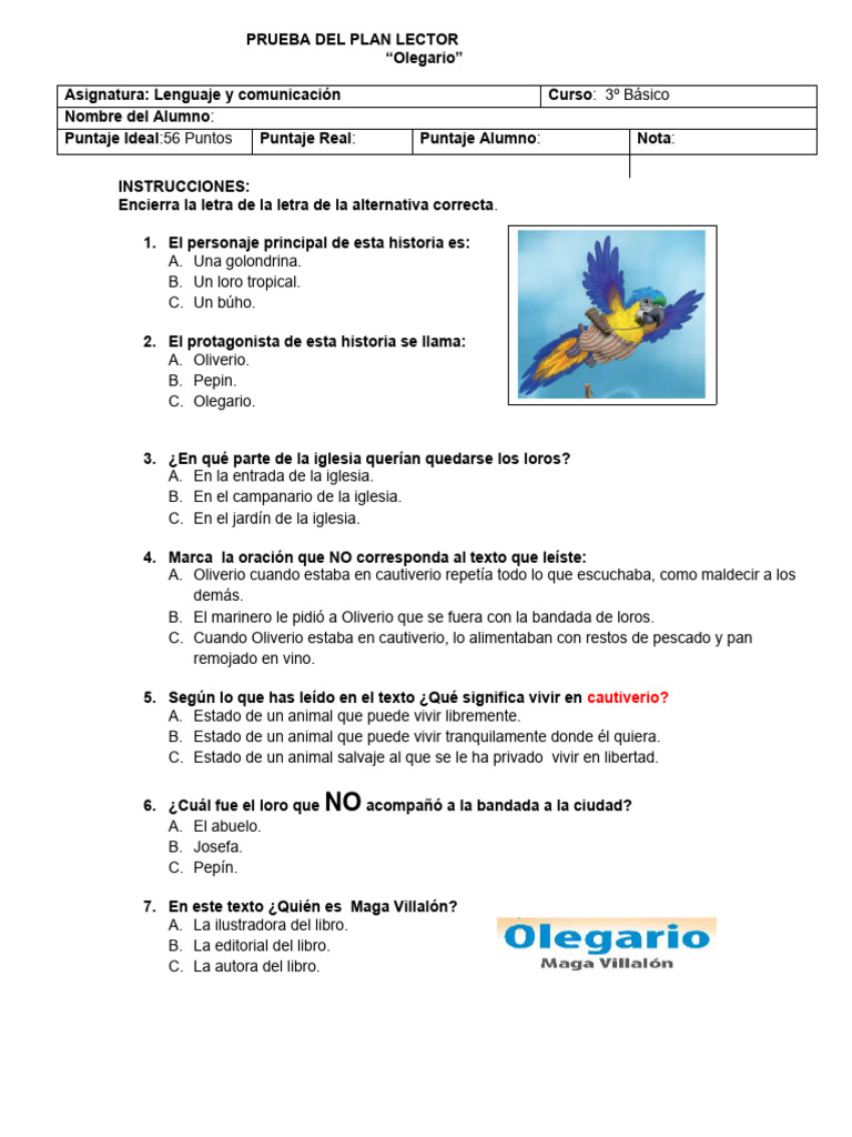 Prueba Olegario Plan Lector NEEP | PDF