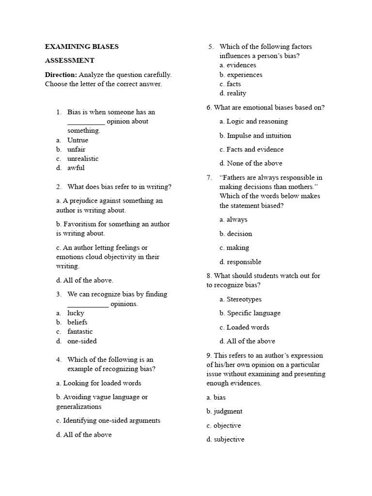 EXAMINING BIASES quiz | PDF | Bias | Argument