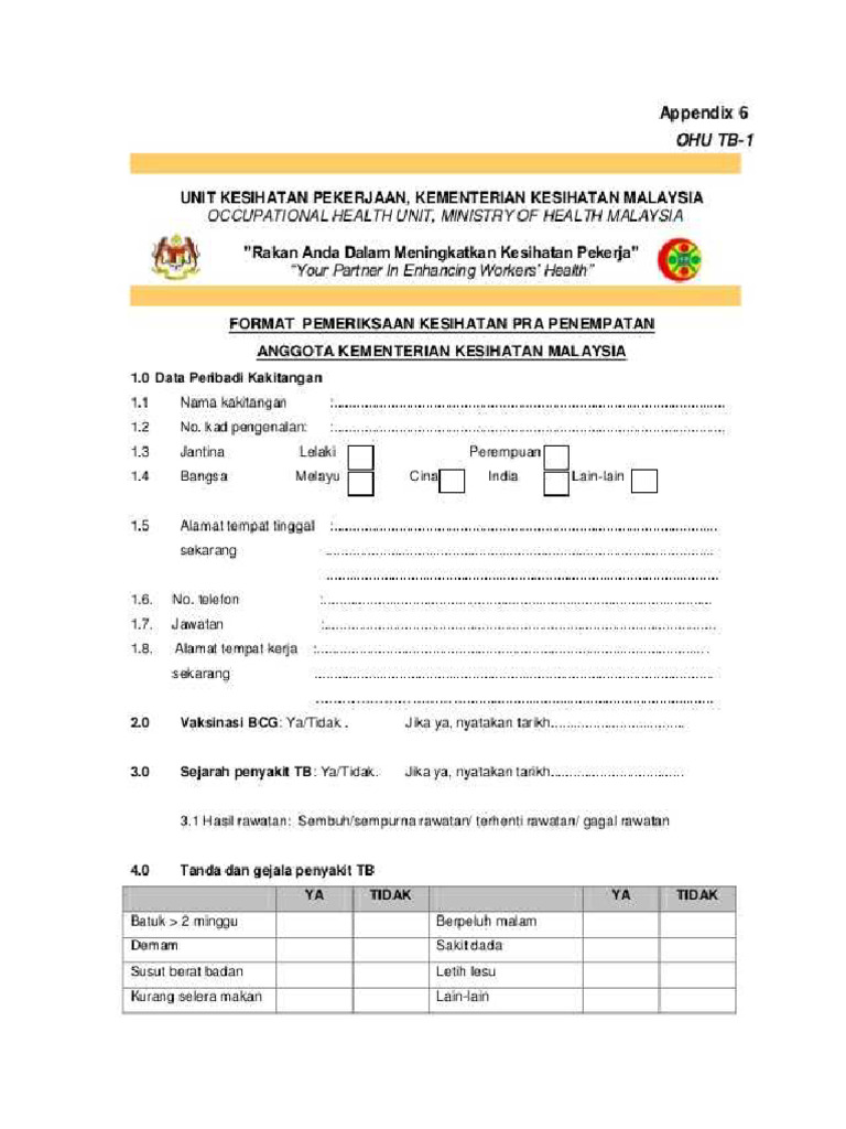 Borang Pemeriksaan Kesihatan Kakitangan KKM - OHU TB-1 | PDF